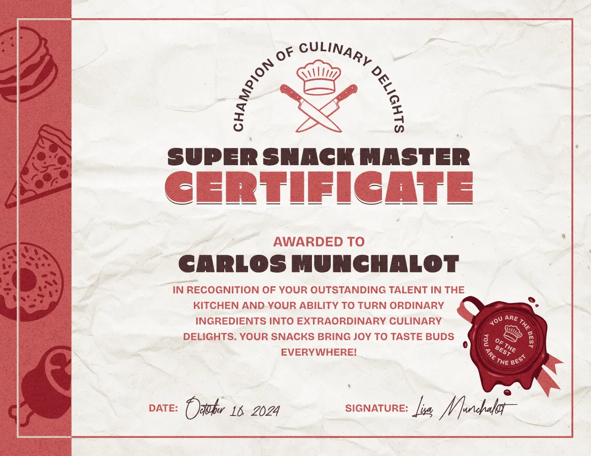 SNACK MASTER Certificate